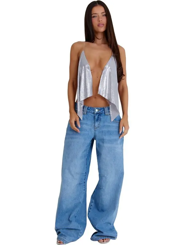 OUTCAST Ora Metallic Knit Draped Crop Top - Silver