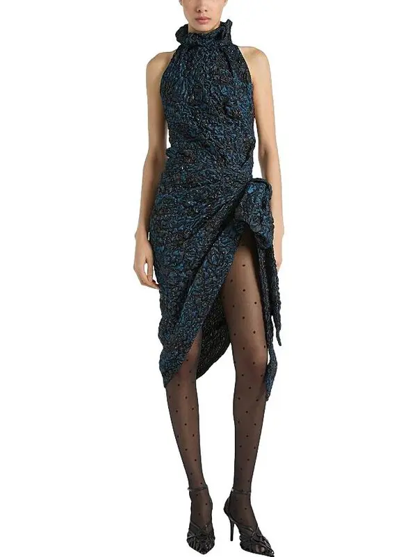 Balmain Draped Cloqu Jacquard Dress - Blue