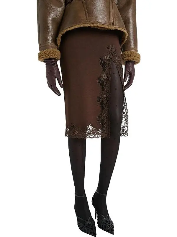 Balmain Knit Midi Skirt With Lace Detail - Brown