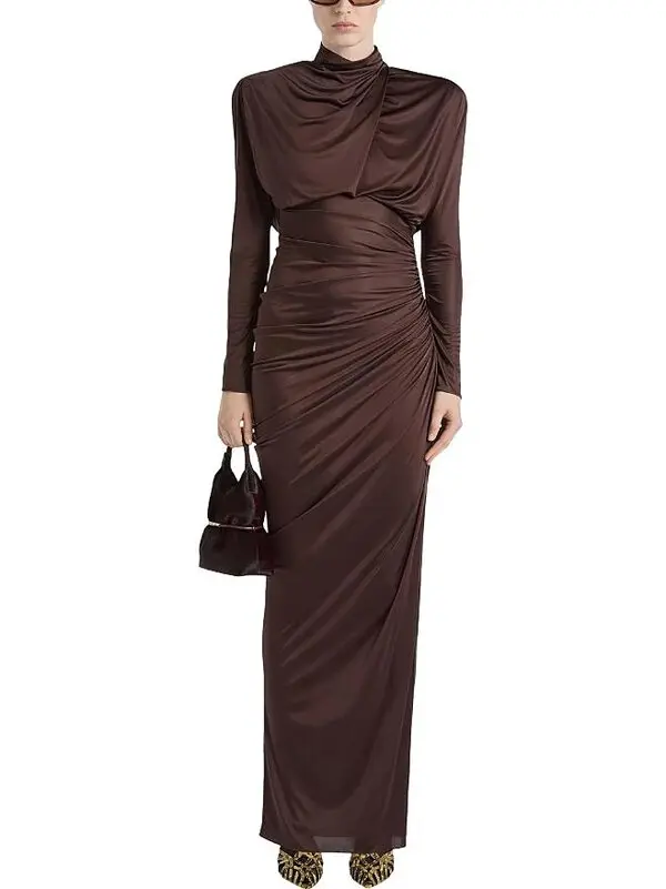 Balmain Long Sleeve Draped Jersey Maxi Dress - Brown