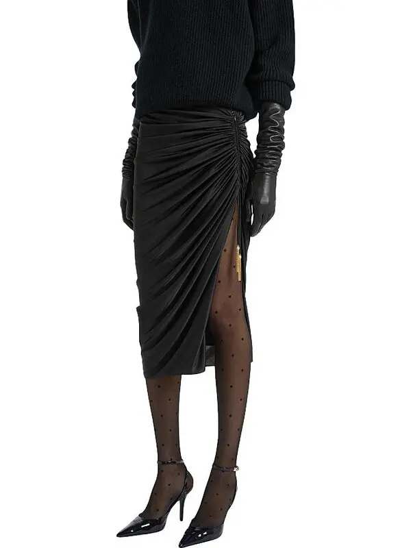 Balmain Ruched Jersey Midi Skirt With Slit - Black