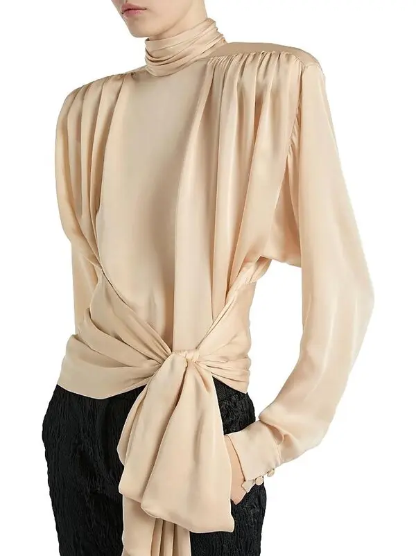 Balmain Silk Chiffon Blouse With Padded Shoulders And Tie Detail - Beige