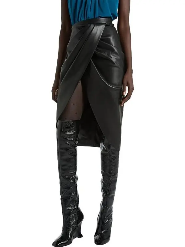Balmain Draped Lambskin Midi Skirt - Black