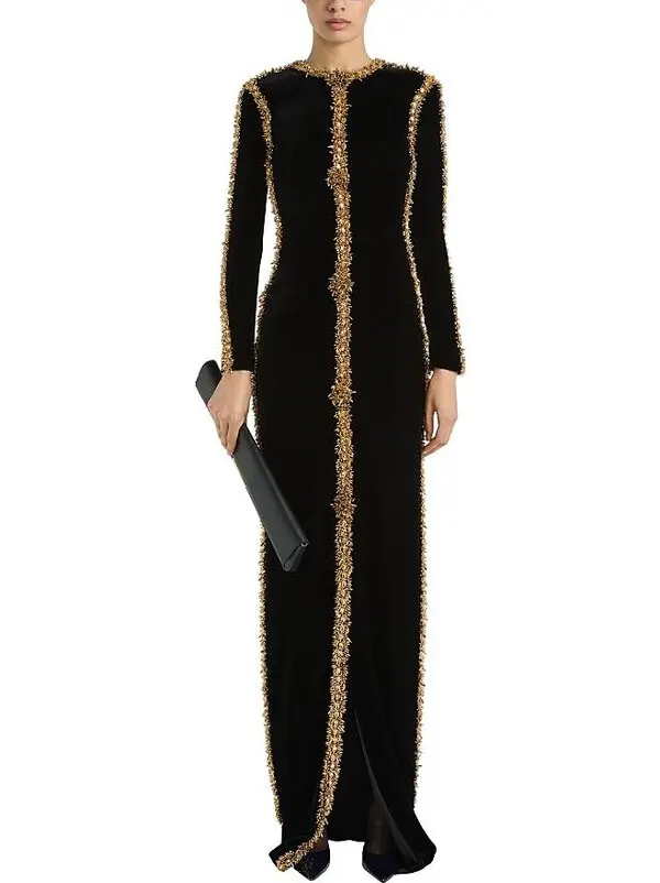 Balmain Long Velvet Dress With Embroidered Trim - Black