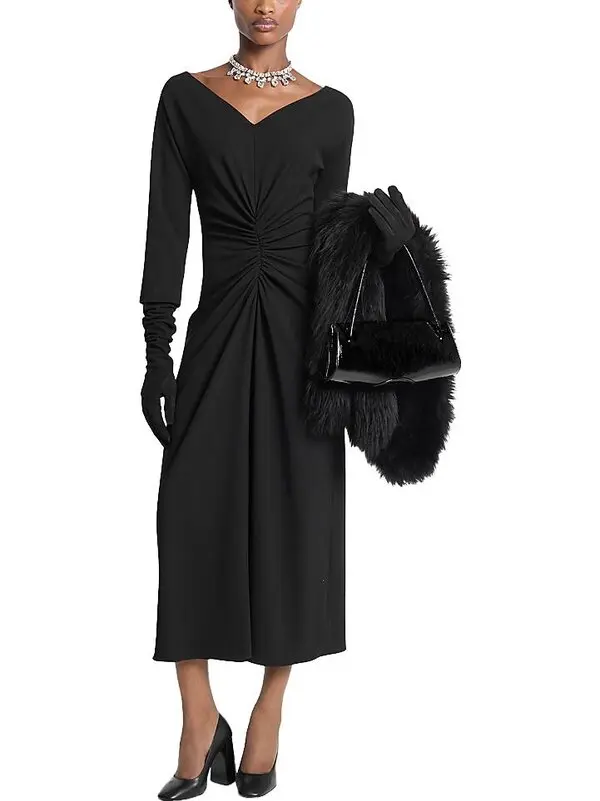 Michael Kors Portrait Neck Ruched Bracelet Sleeve Dress - Black