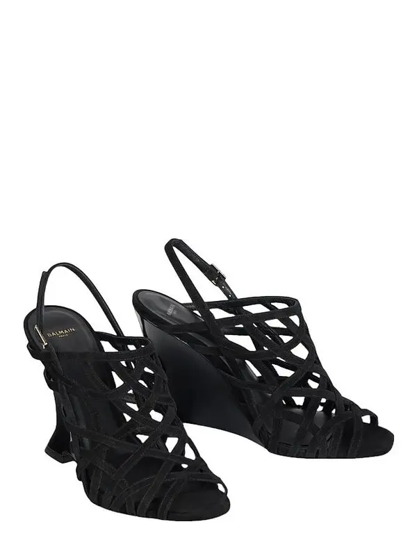 Balmain Suede Wedge Cage Sandals - Black