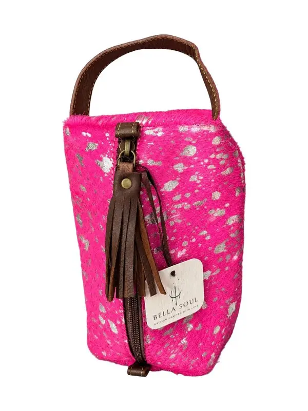 BELLA SOUL Genuine Cowhide Toiletry Bag With Tassel Detail - Pink/silver
