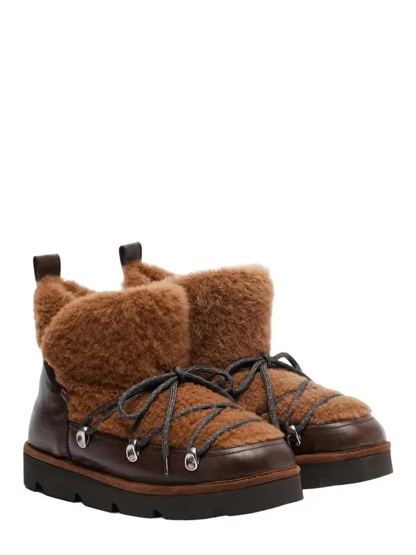 Brunello Cucinelli Monili Leather And Shearling Lace-up Boots - Brown