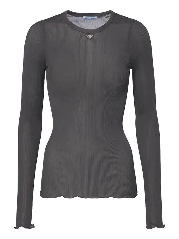 Prada Ribbed-knit Silk Crewneck Top - Grey