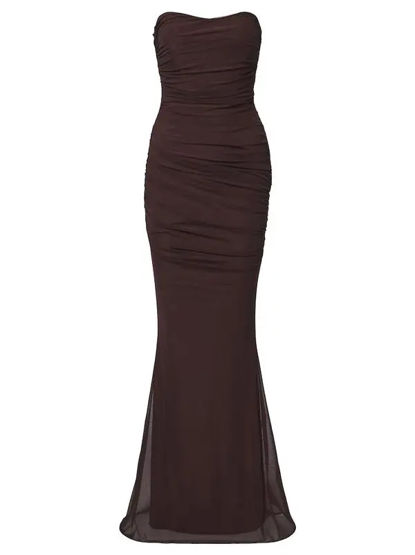 Retrofete Isadore Draped Strapless Mesh Gown - Brown