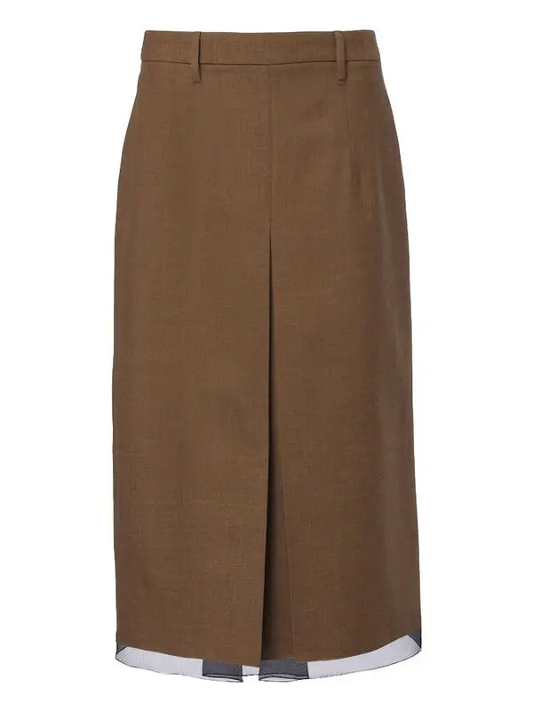 Prada Virgin Wool Midi Skirt With Chiffon Trim - Brown