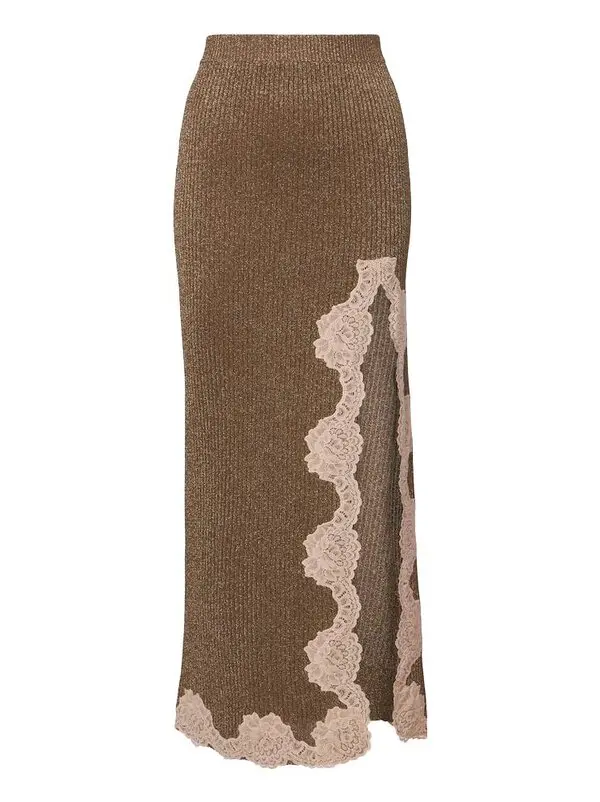 Valentino Garavani Lace-trimmed Ribbed-knit Lamé Midi Skirt - Gold