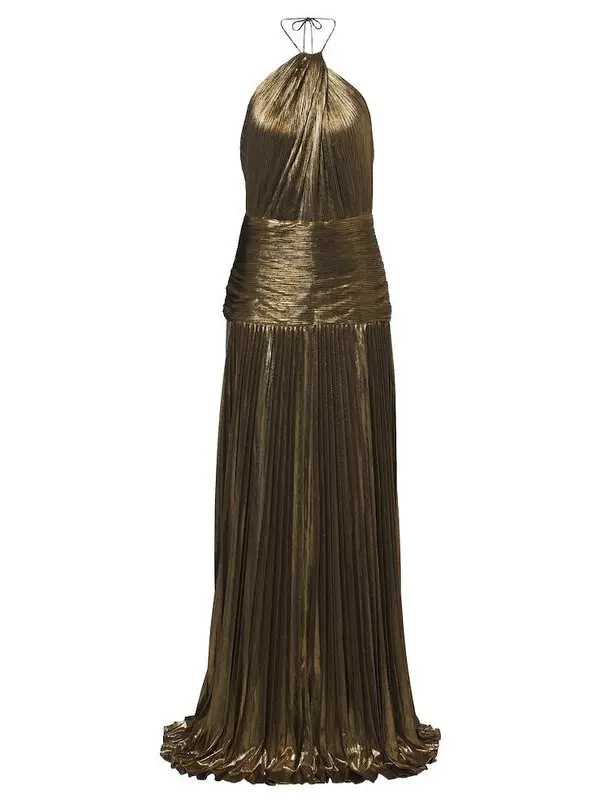 Retrofete Thalia Plissé Halterneck Gown In Honey Lam - Gold