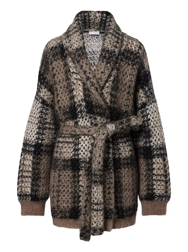 Brunello Cucinelli Checked Sequin Wrap Cardigan - Brown