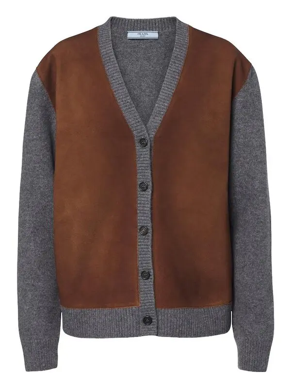 Prada Virgin Wool Cardigan With Suede Trim - Brown