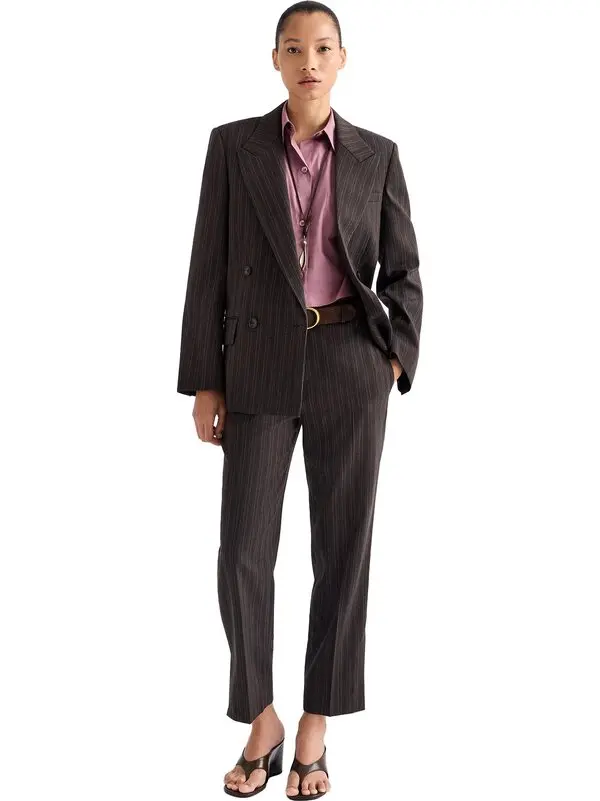 TWP Roberts Pant In Refined Pinstripe Viscose Wool Suiting - Dark Chocolate