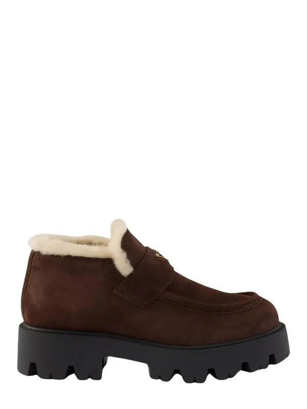 Prada Suede Shearling Loafers With Embossed Rubber Sole - Brown