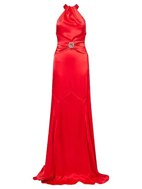 David Koma Crystal Embellished Halterneck Gown - Red/silver