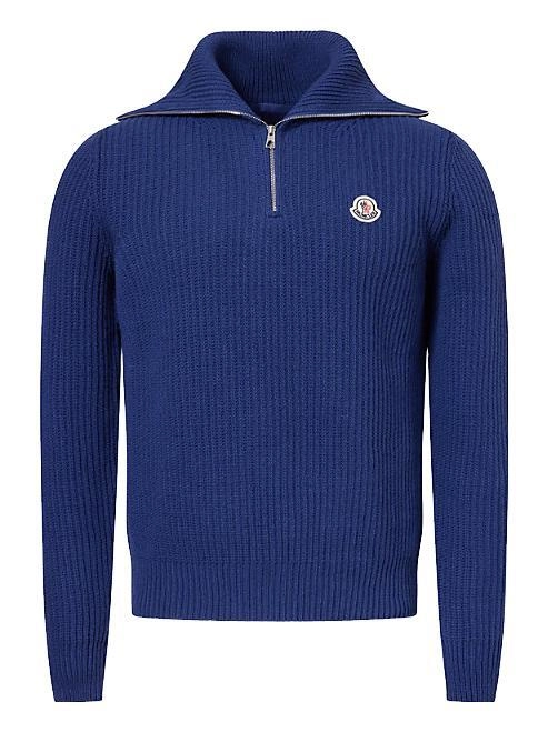 Moncler Logo-print Quarter-zip Ribbed Knit Jumper - Blue
