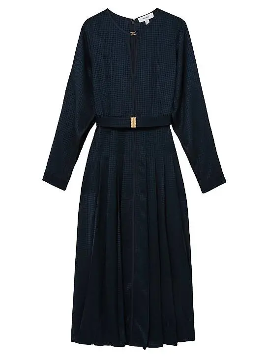 REISS Kea Houndstooth-check Long Sleeve Woven Shirt Dress - Navy