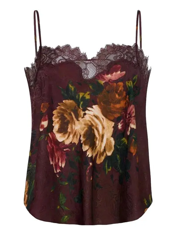 Cara Cara Nala Floral Print Lace Trim Top - Red