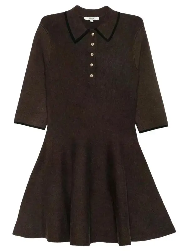 Maje Knit Collared Mini Dress With Gold-tone Buttons - Brown