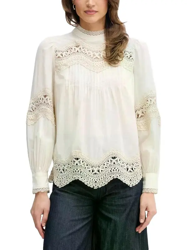 OUI Lace Detail High Neck Blouse - Neutrals
