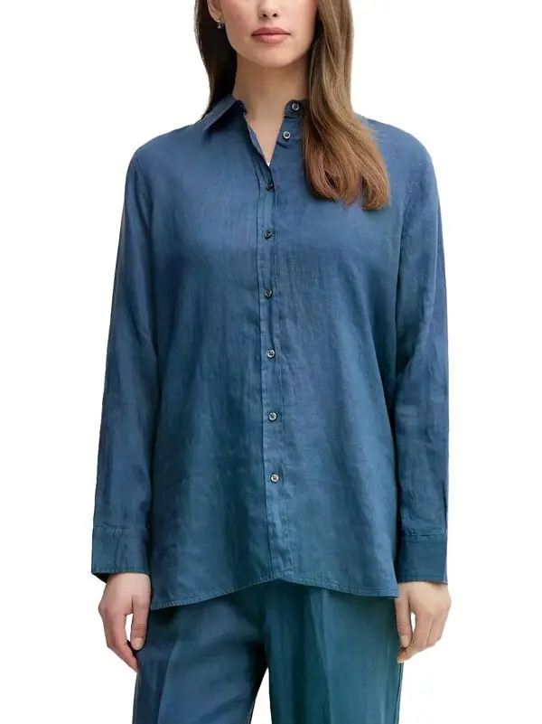 BENETTON Button-up Shirt With Pointed Collar And Curved Hem - Blue