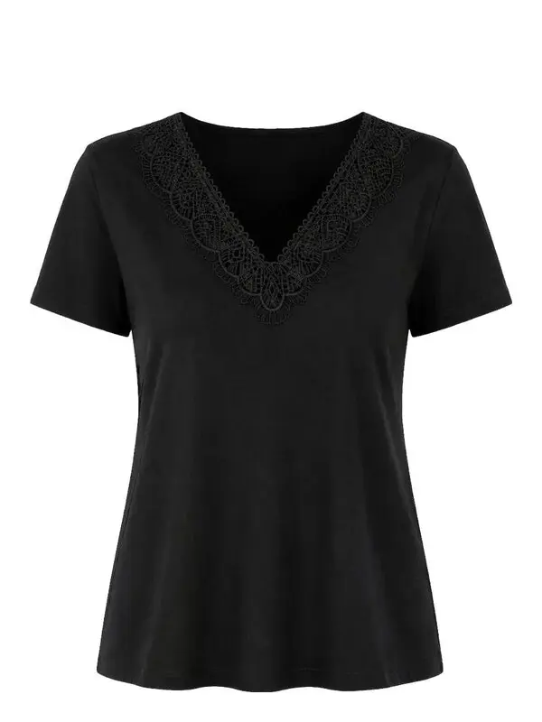 MOLLY BRACKEN Lace Trim V-neck T-shirt - Black