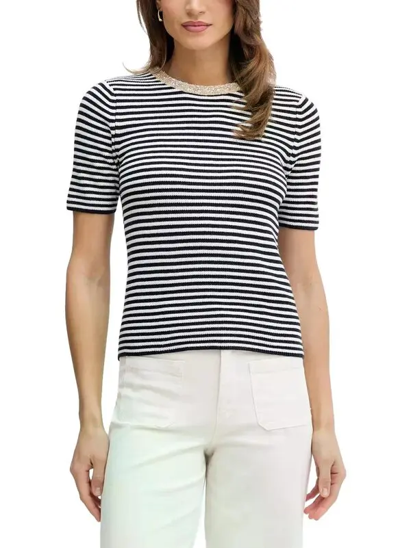 OUI Striped Embellished Neck T-shirt - Black
