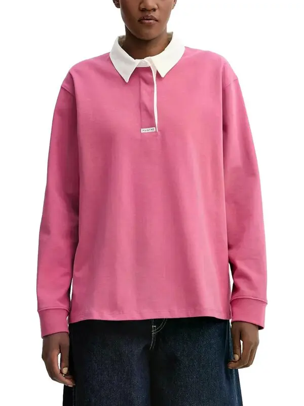 Munthe Long Sleeve Cotton Polo Top With Pointed Collar - Pink