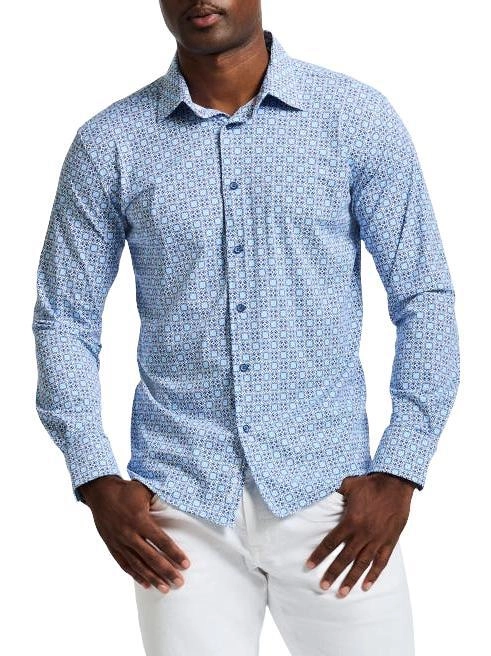 Robert Graham Big & Tall Caspian Geometric Stretch Sport Shirt - Blue