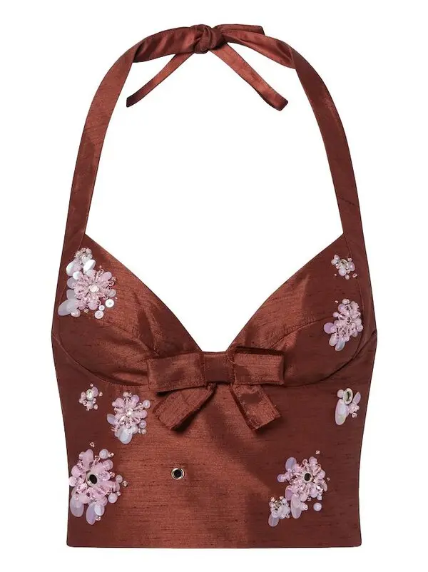 SHUSHU/TONG Embellished Halterneck Crop Top - Brown