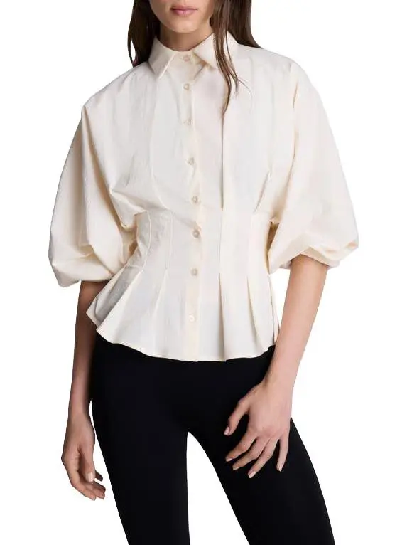 KENNETH COLE Pleated Button Front Shirt With Balloon Sleeves - Oyster