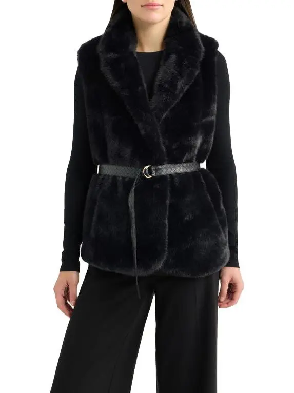 TAHARI ASL Belted Faux Fur Vest - Black