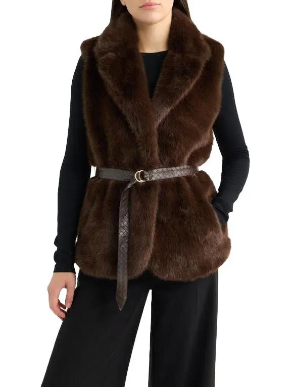 TAHARI ASL Belted Faux Fur Vest - Espresso