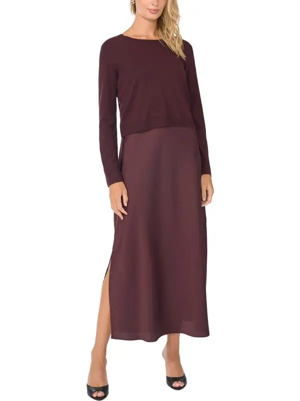 Vince Camuto Crewneck Mixed Media Dress With Slit - Winetasting