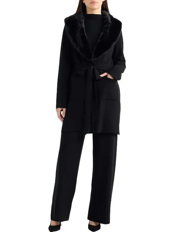 TAHARI ASL Faux Fur Collar Cardigan - Black