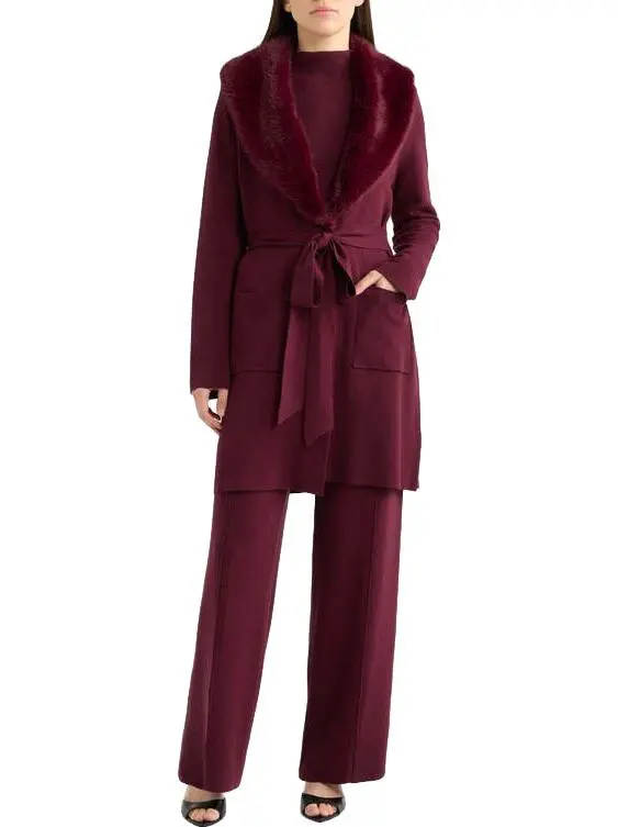 TAHARI ASL Faux Fur Collar Cardigan - Cranberry