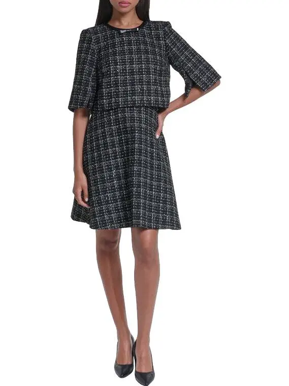 Karl Lagerfeld Paris Sequin Plaid Tweed Dress With Bow Detail - Black/gold Multi