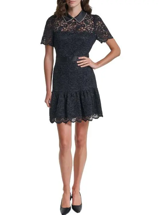 Karl Lagerfeld Paris Crystal Collar Lace A-line Minidress - Black