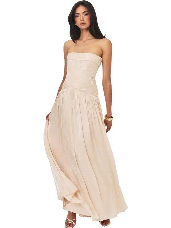 MISS CIRCLE NEW YORK Crystal Organza Strapless Maxi Dress - Beige