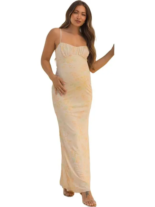 PINKBLUSH Floral Print Cutout Back Maxi Dress - Yellow