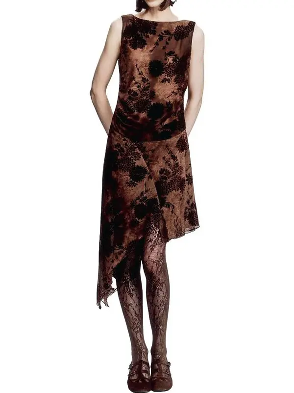 Anna Sui Dahlia Tulle Knit Asymmetrical Dress - Chocolate