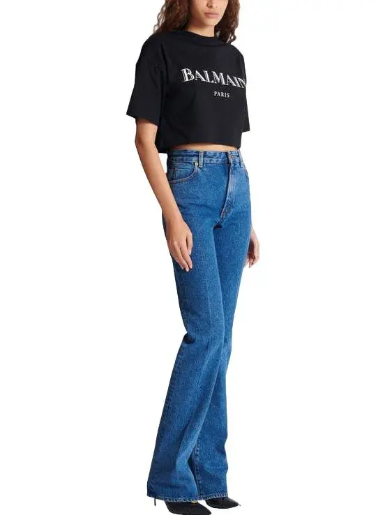 Balmain Boxy Cropped T-shirt With Printed Logo - Black
