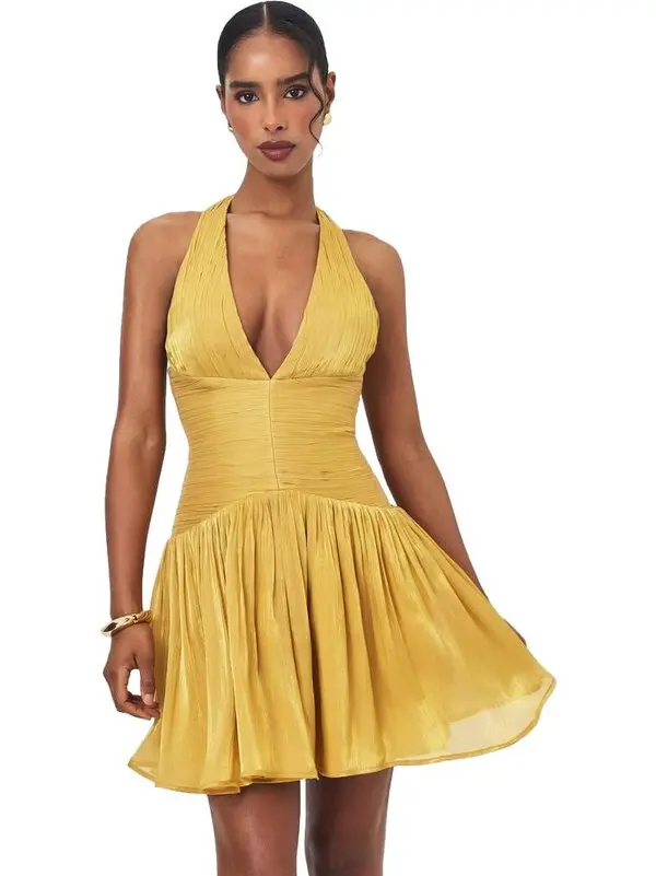 MISS CIRCLE NEW YORK Xavia Crystal Organza Plunging Halter Mini Dress - Gold