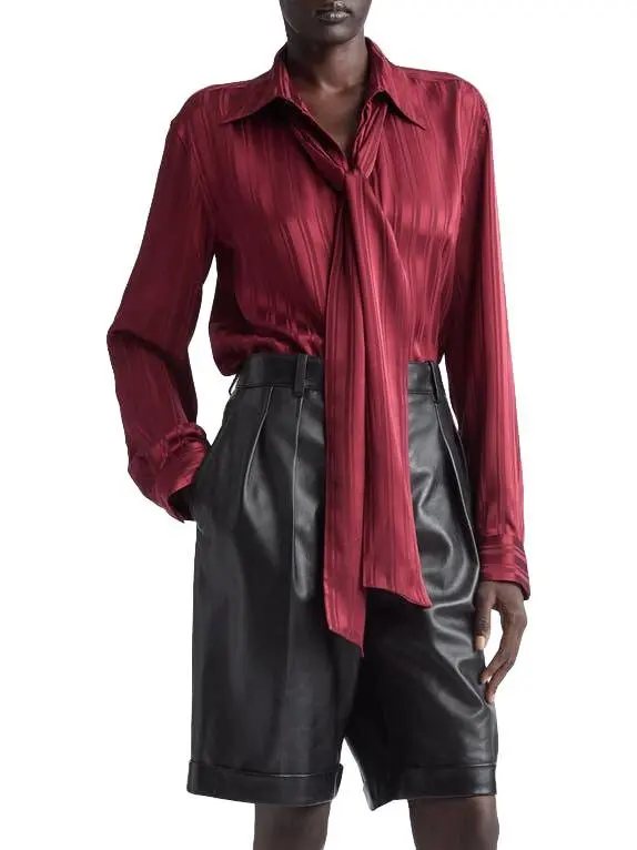 Saint Laurent Satin Stripe Tie Neck Shirt - Bordeaux