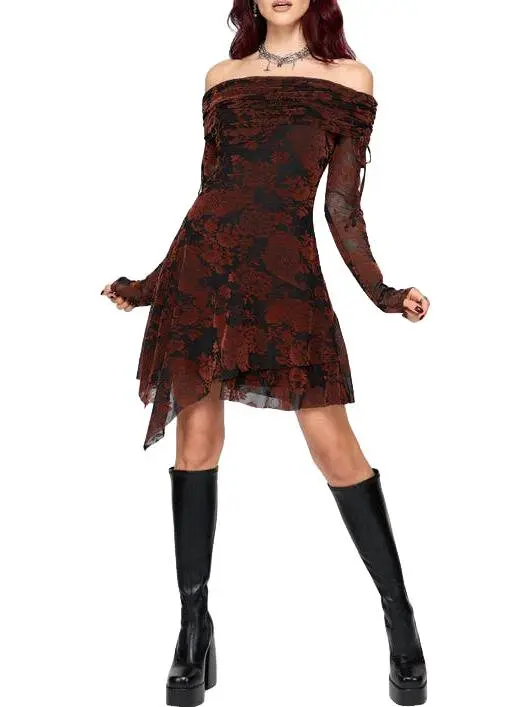 DISTURBIA Allegra Bardot Flocked Mini Dress - Black