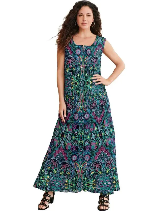 Roaman's Sleeveless Hand Crinkled Button Front A-line Maxi Dress - Green
