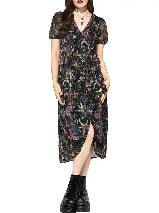 DISTURBIA Elide Orchid Wrap Midi Dress - Black